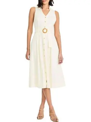 Maggy London Linen Blend Sleeveless Midi Shirtdress With Belt - Winter White