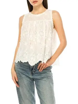 A COLLECTIVE STORY Floral Embroidery Cotton Top - Bright White