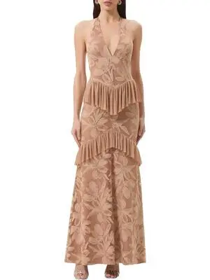 AFRM Athens Floral Lace Ruffle Halter Maxi Dress - Almond