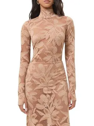 AFRM Zadie Sheer Floral Lace Turtleneck Top - Almond