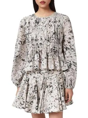 ALLSAINTS Melani Print Gathered Peplum Top - Canter Ecru White