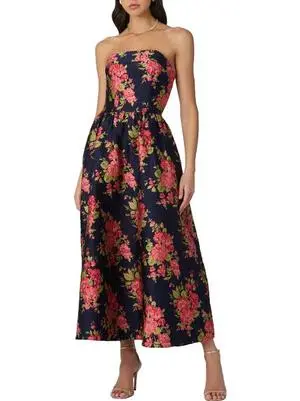 Shoshanna Floral Jacquard Strapless Dress - Navy/coral