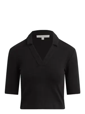 FAVORITE DAUGHTER Cropped Organic Cotton Polo With Johnny Collar - Black