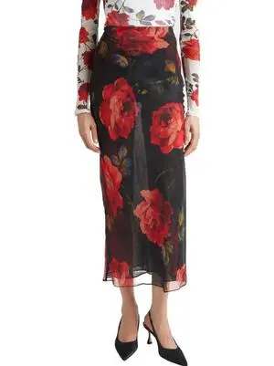 Carolina Herrera Rose Print Silk Chiffon Midi Skirt - Black Multi