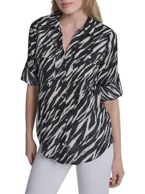 Dkny Printed Cotton Button-up Shirt With Roll-tab Cuffs - Concrete Animal