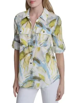 Dkny Printed Cotton Button-up Shirt With Roll-tab Cuffs - March Watercolor