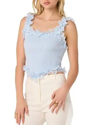 Astr The Label Amity Ruffle Lace Rib Tank - Light Blue