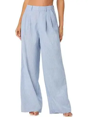 Astr The Label Linsey Pinstripe Wide Leg Cotton & Linen Pants - Blue Stripe