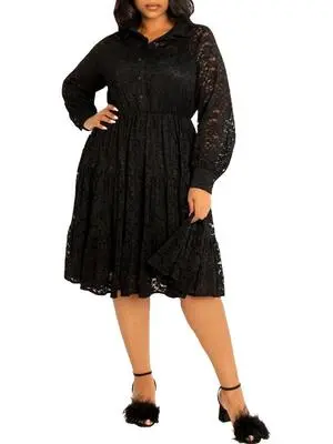 BUXOM COUTURE Lace Long Sleeve Shirt Dress Black