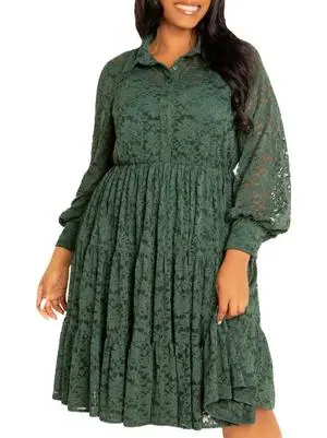 BUXOM COUTURE Lace Long Sleeve Shirt Dress Emerald