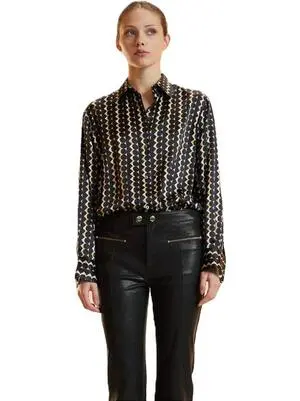 Cynthia Rowley Foil Silk Button Up Shirt - Geo Black/camel Combo
