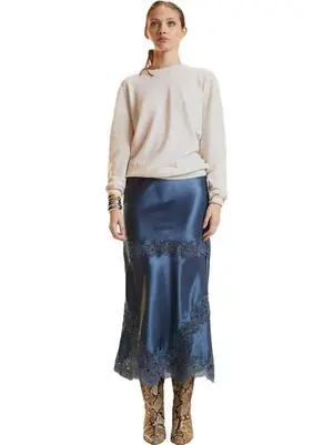 Cynthia Rowley Satin Lace Midi Skirt - Denim Blue