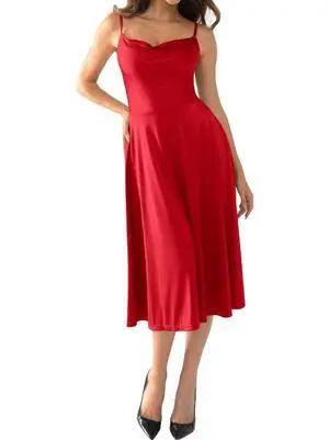 POPILUSH Shapewear Strappy Cowl Neck Fit & Flare Midi Dress - Bright Red