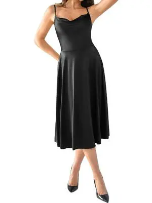 POPILUSH Shapewear Strappy Cowl Neck Fit & Flare Midi Dress - Midnight Black