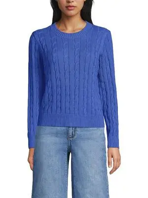 LANDS' END Cotton Cable Drifter Crewneck Sweater - Clear Blue