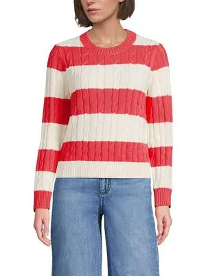 LANDS' END Cotton Cable Drifter Crewneck Sweater - Dusk Sea Coral/ivory Rugby