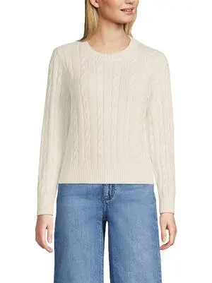 LANDS' END Cotton Cable Drifter Crewneck Sweater - Fresh Ivory
