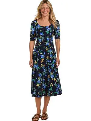 LANDS' END Starfish Elbow Sleeve Fit And Flare Midi Dress - Deep Sea Poppy Floral