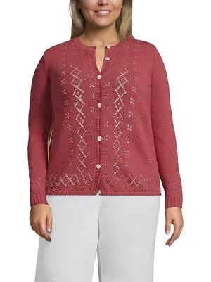 LANDS' END Pointelle Crew Neck Cardigan Sweater - Soft Mojave Rose