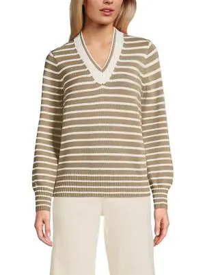 LANDS' END Cotton V-neck Sweater - Champagne/ivory Mini Stripe