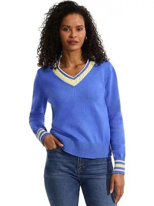LANDS' END Cotton V-neck Sweater - Clear Blue/yellow Tipping