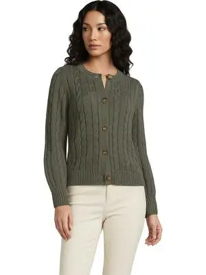 LANDS' END Drifter Classic Cable Crew Neck Cardigan Forest Moss