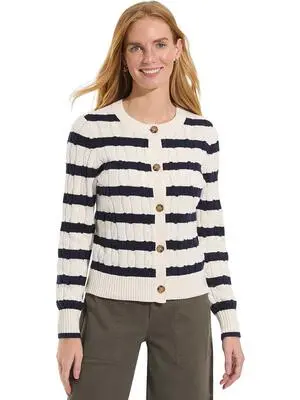 LANDS' END Drifter Classic Cable Crew Neck Cardigan - Ivory/navy Coastal Stripe