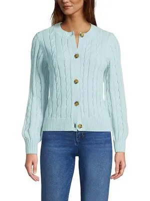 LANDS' END Drifter Classic Cable Crew Neck Cardigan Pale Sky