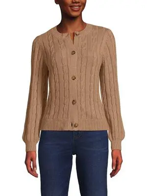 LANDS' END Drifter Classic Cable Crew Neck Cardigan - Vicuna Heather