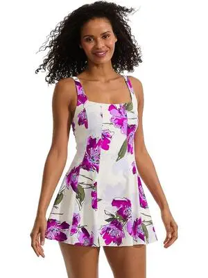 LANDS' END Seamed Corset Swim Dress - Egret/berry Etched Floral
