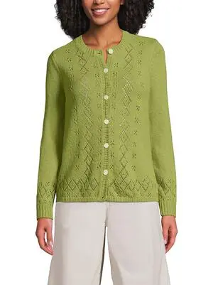 LANDS' END Pointelle Crew Neck Cardigan - Bright Pistachio