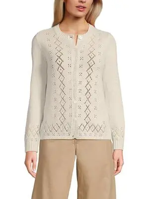 LANDS' END Pointelle Crew Neck Cardigan Ivory Latte