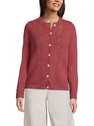 LANDS' END Pointelle Crew Neck Cardigan - Soft Mojave Rose