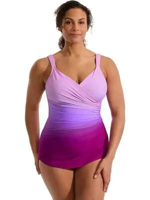 LANDS' END Slendersuit V-neck Skirted One-piece Swimsuit - Crimson Rose/purple Ombre