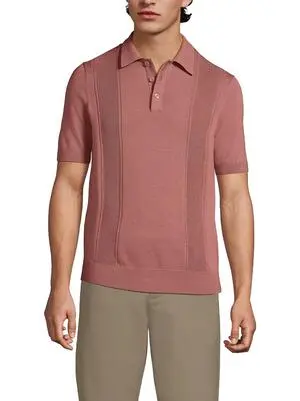 LANDS' END Short Sleeve Vertical Rib Button Down Sweater Polo - Cameo Rose