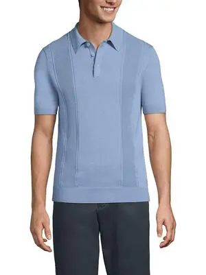 LANDS' END Short Sleeve Vertical Rib Button Down Sweater Polo - Oasis Blue