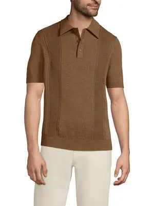 LANDS' END Short Sleeve Vertical Rib Button Down Sweater Polo - Soft Camel Brown Heather