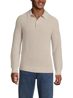 LANDS' END Long Sleeve Drifter Polo Sweater - Flax Heather