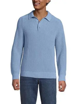 LANDS' END Long Sleeve Drifter Polo Sweater - Oasis Blue