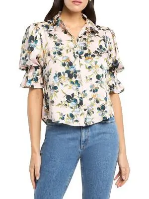 Cinq À Sept Trailing Iris Fiona Floral Button-up Top - Rosy Cloud Multi