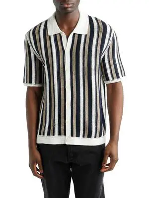 WAX LONDON Porto Stripe Crochet Knit Polo - Ecru/black
