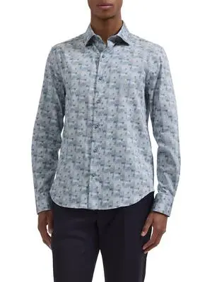 Bugatchi Axel Trim Fit Abstract Mosaic Print Stretch Cotton Button-up Shirt Ether
