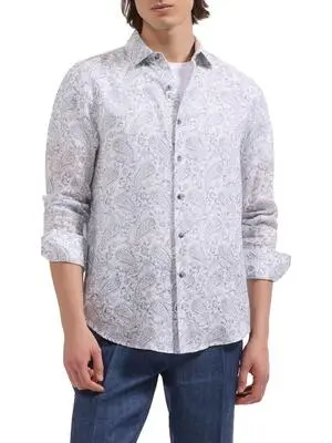Bugatchi Julian Shaped Fit Paisley Print Linen Button-up Shirt - White