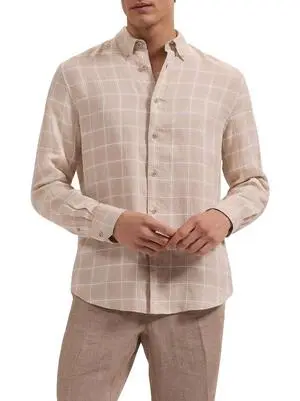 BUGATCHI Austin Shaped Fit Windowpane Check Linen & Cotton Button-down Shirt