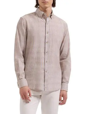 Bugatchi Austin Shaped Fit Stripe Cotton & Linen Button-down Shirt - Desert