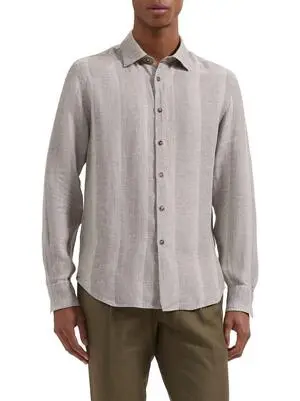 Bugatchi Julian Shaped Fit Shadow Stripe Linen Button-up Shirt - Khaki
