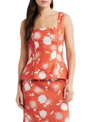 Faithfull The Brand Mina Abstract Floral Peplum Top - Sunrose Rosso