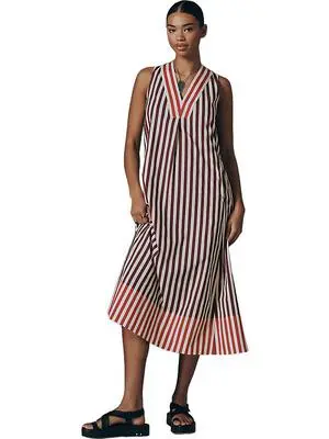 SIMONMILLER Mar V-neck Poplin Midi Dress - Bordeaux Stripe Combo