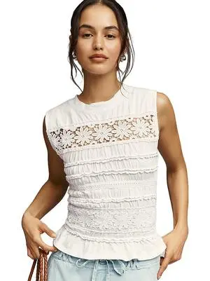 Anthropologie Smocked Lace Ruffle Tank Top - Bright White