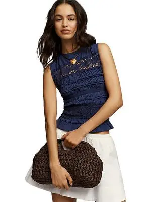 Anthropologie Smocked Lace Ruffle Tank Top - Medieval Blue